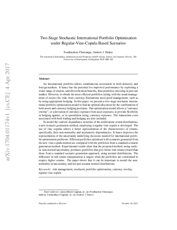 (PDF) Two-Stage Stochastic International Portfolio Optimisation under Regular-Vine-Copula-Based ...