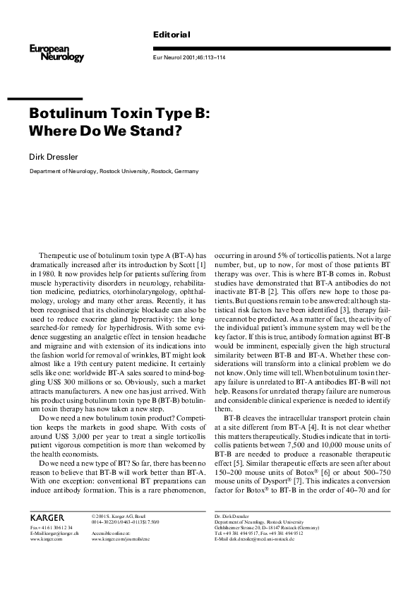 (PDF) Botulinum Toxin Type B: Where Do We Stand?