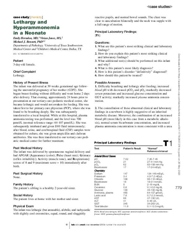 (PDF) Lethargy and Hyperammonemia in a Neonate