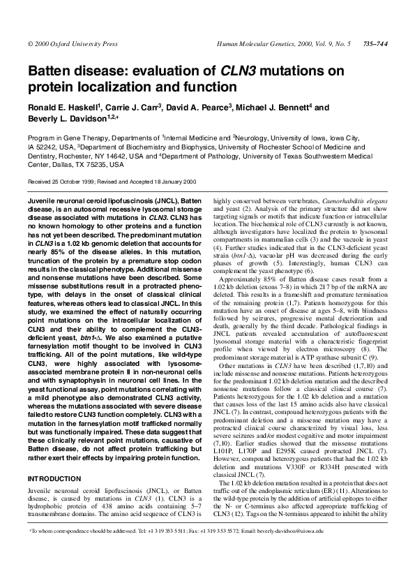 (PDF) Batten disease: evaluation of CLN3 mutations on protein ...
