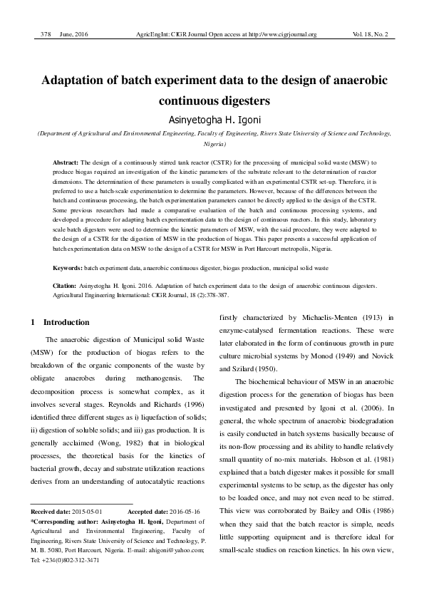 (PDF) Adaptation of batch experiment data to the design of anaerobic ...