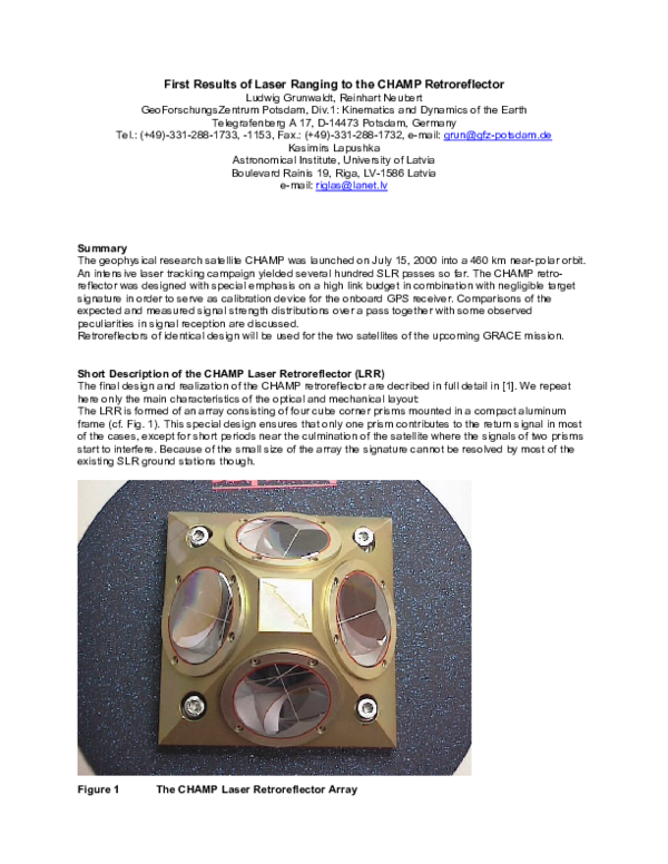 (PDF) First Results of Laser Ranging to the CHAMP Retroreflector