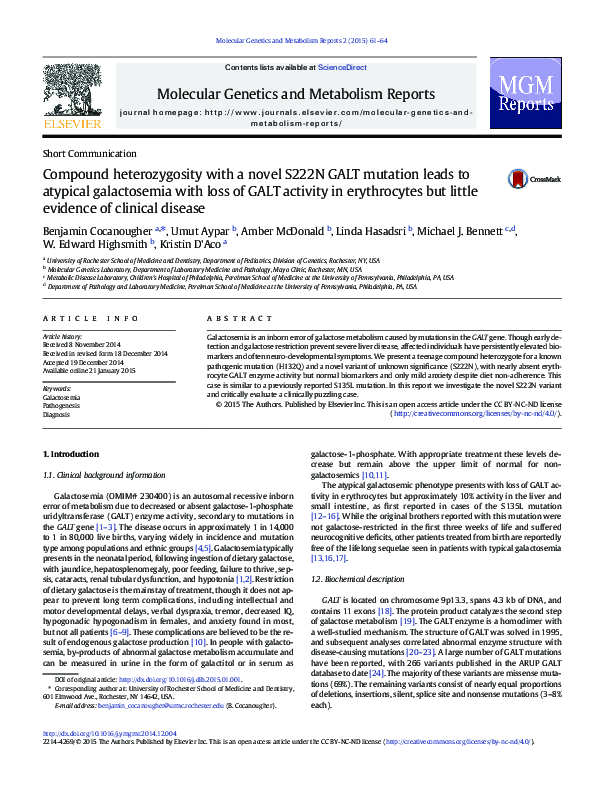 (PDF) Compound heterozygosity with a novel S222N GALT mutation leads to ...