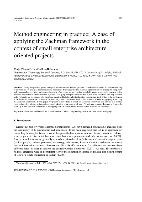 (PDF) Method engineering in practice: A case of applying the Zachman framework in the context of ...