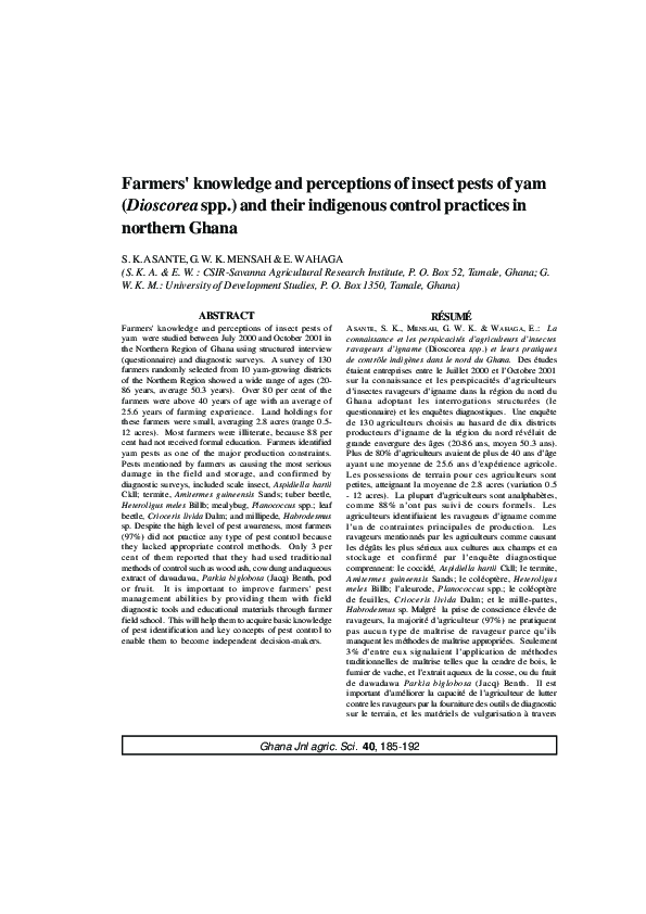 (PDF) Farmers\' knowledge and perceptions of insect pests of yam ( Dioscorea spp.) and their ...
