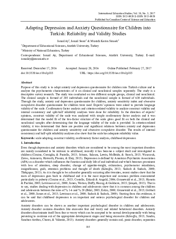 (PDF) Adapting Depression and Anxiety Questionnaire for Children into ...