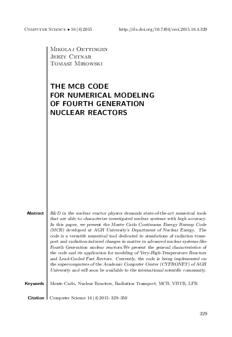 (PDF) The MCB Code for Numerical Modeling of Fourth Generation Nuclear ...