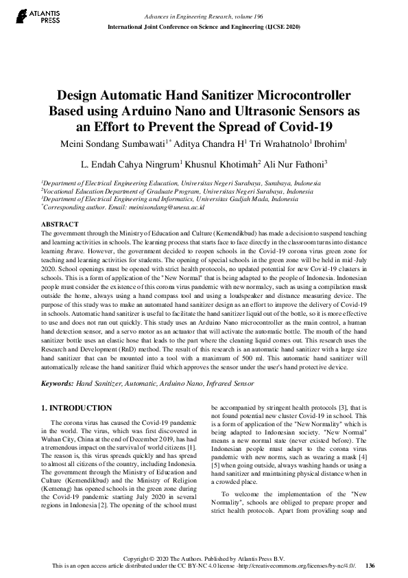 Pdf Design Automatic Hand Sanitizer Microcontroller Based Using Arduino Nano And Ultrasonic