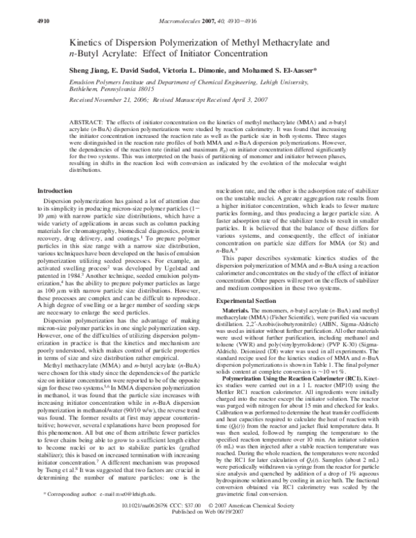 (PDF) Kinetics of Dispersion Polymerization of Methyl Methacrylate and ...