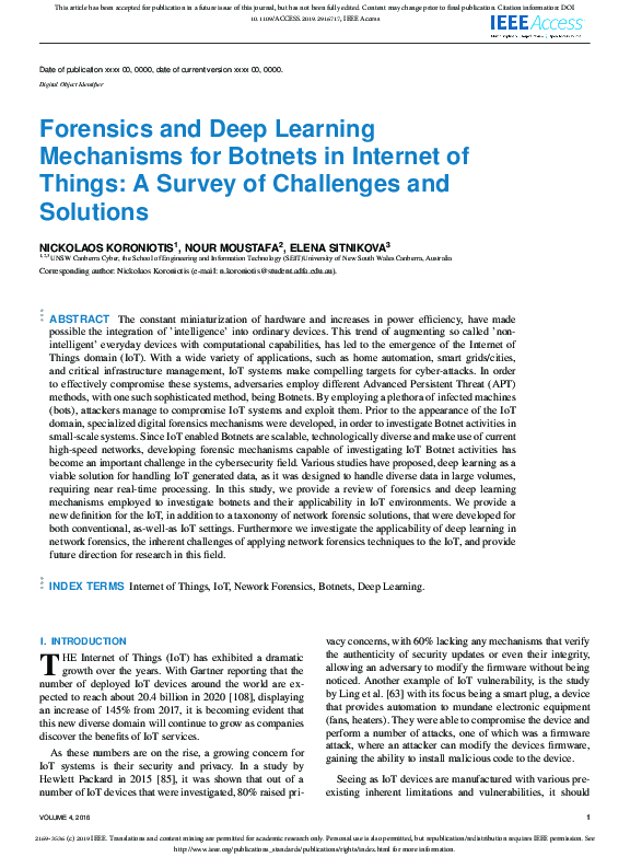 (PDF) Forensics and Deep Learning Mechanisms for Botnets in Internet of Things: A Survey of ...