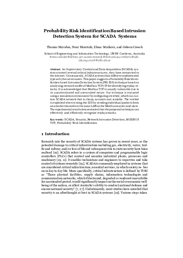 (PDF) Probability Risk Identification Based Intrusion Detection System for SCADA Systems