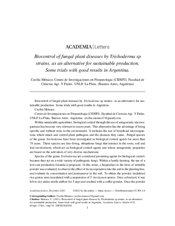 (PDF) Biocontrol of fungal plant diseases by Trichoderma sp strains. as an alternative for ...