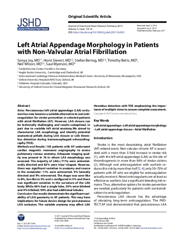 (PDF) Left Atrial Appendage Morphology in Patients with Non-Valvular ...