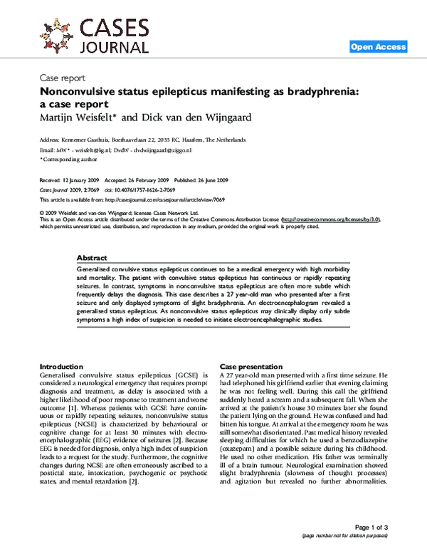 (PDF) Nonconvulsive status epilepticus manifesting as bradyphrenia: a ...