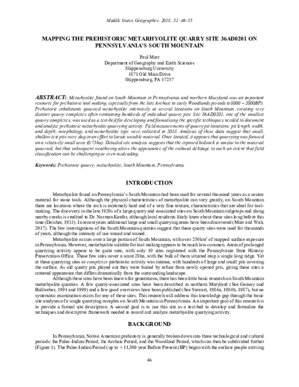 (PDF) Mapping the Prehistoric Metarhyolite Quarry Site 36AD0201 on ...