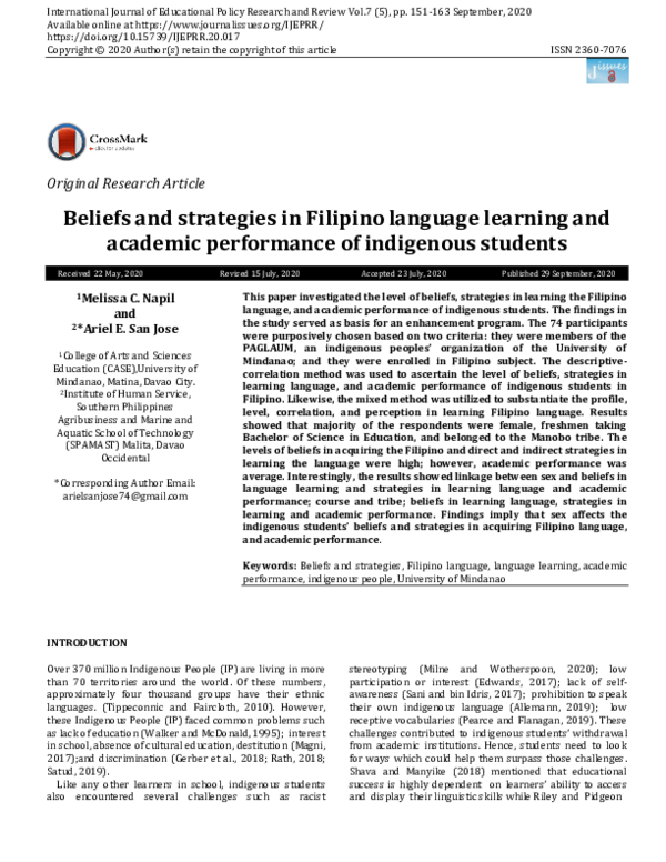 (PDF) Beliefs and strategies in Filipino language learning and academic ...