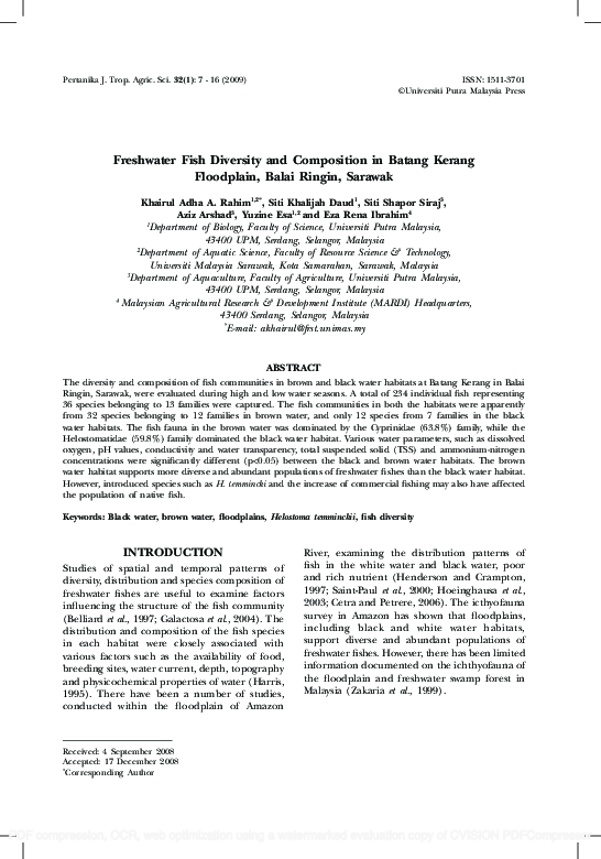 (PDF) Freshwater Fish Diversity and Composition In Batang Kerang ...