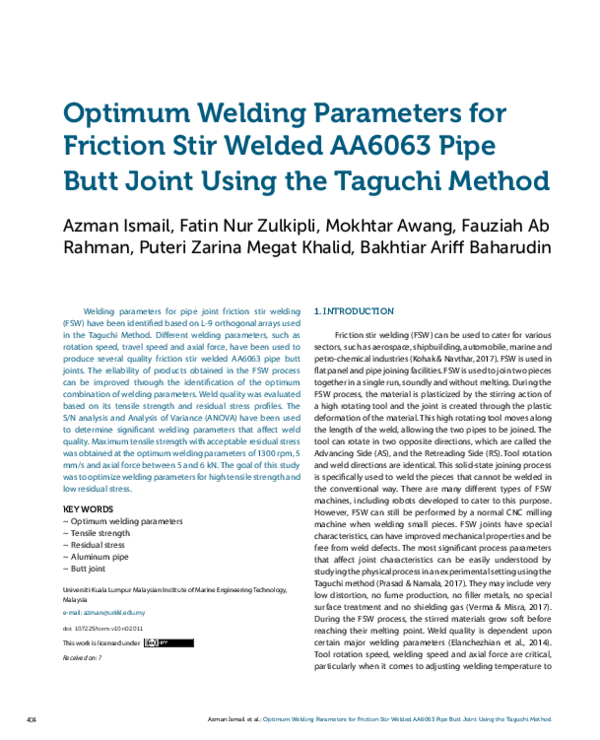 (PDF) Optimum Welding Parameters for Friction Stir Welded AA6063 Pipe Butt Joint Using the ...