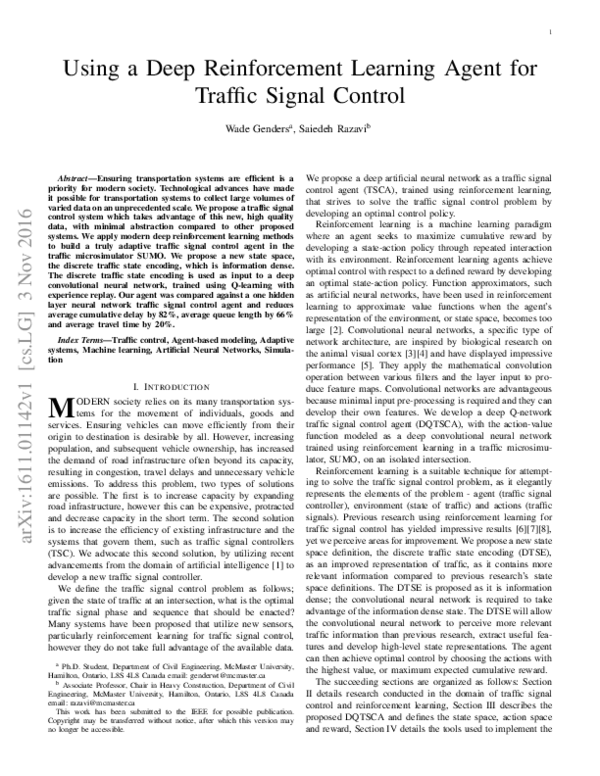 Pdf Using A Deep Reinforcement Learning Agent For Traffic Signal Control