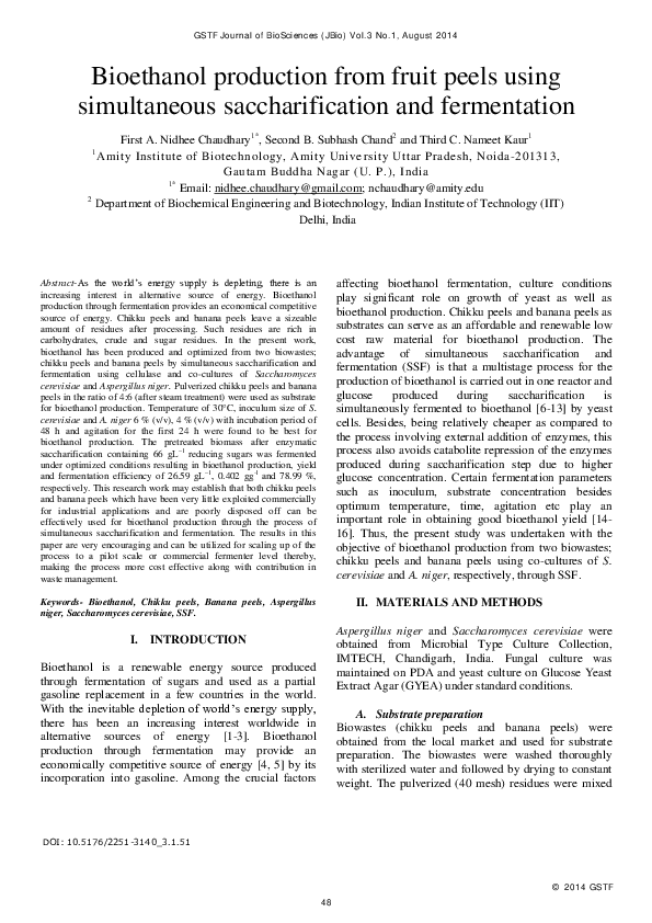 (PDF) Bioethanol production from fruit peels using simultaneous saccharification and fermentation