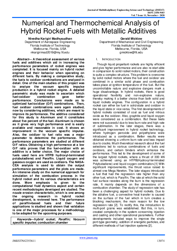 (PDF) Numerical and Thermochemical Analysis of Hybrid Rocket Fuels with Metallic Additives