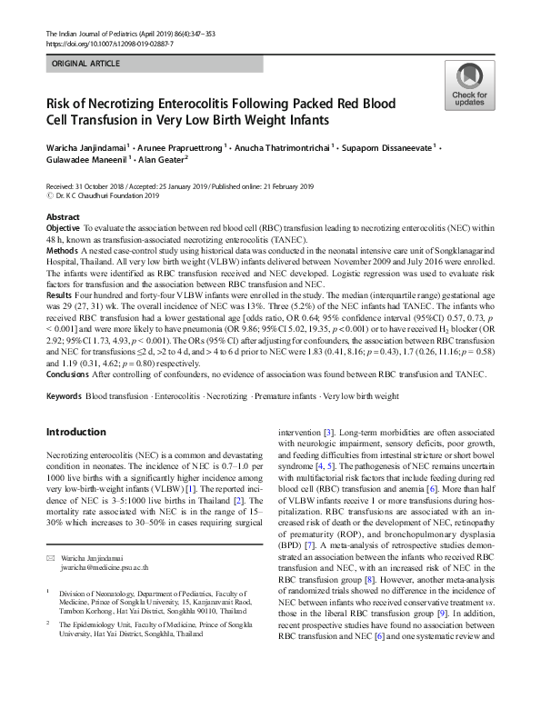 (PDF) Risk of Necrotizing Enterocolitis Following Packed Red Blood Cell ...