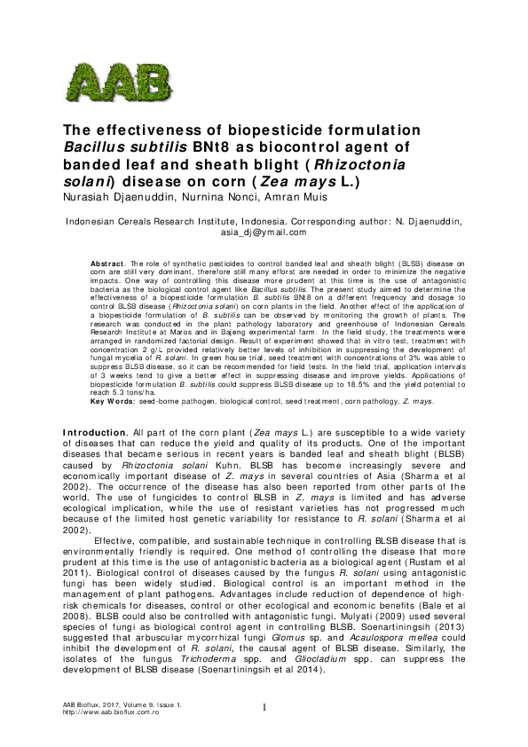 Pdf The Effectiveness Of Biopesticide Formulation Bacillus Subtilis