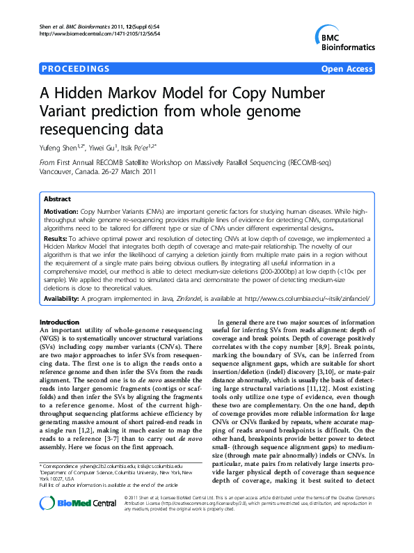 (PDF) A Hidden Markov Model for Copy Number Variant prediction from whole genome resequencing data