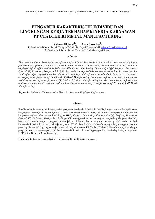 (PDF) Pengaruh Karakteristik Individu dan Lingkungan Kerja terhadap Kinerja Karyawan PT Cladtek ...