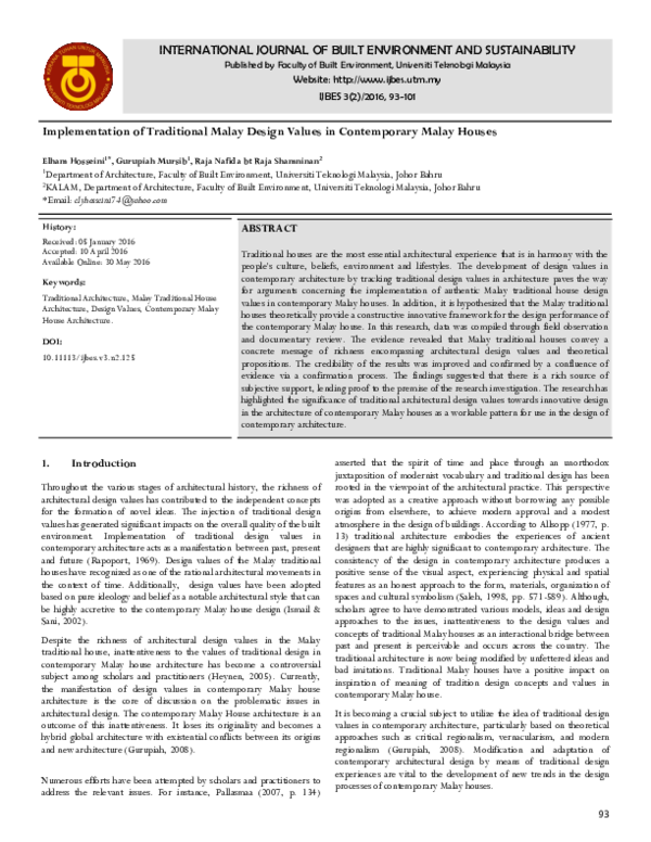 (PDF) Implementation of Traditional Malay Design Values in Contemporary Malay Houses