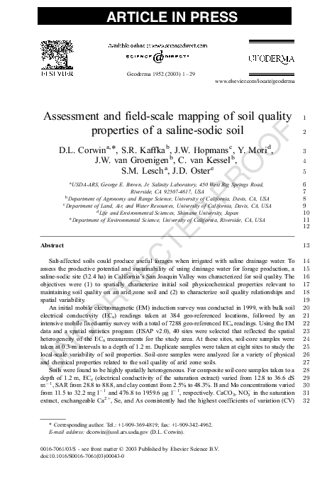 (PDF) Assessment and field-scale mapping of soil quality properties of a saline-sodic soil