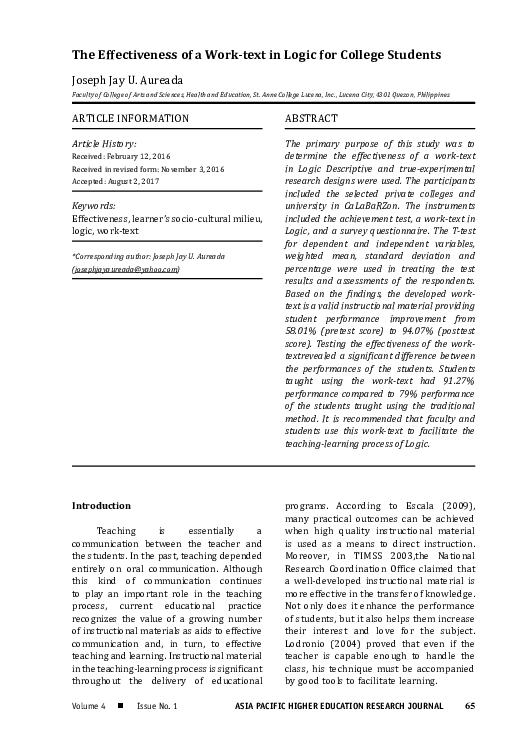 (PDF) The Effectiveness of a Work-text in Logic for College Students