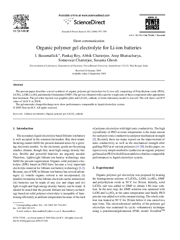 (PDF) Organic polymer gel electrolyte for Li-ion batteries