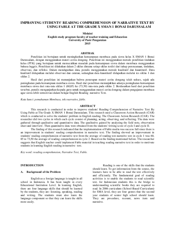 (PDF) IMPROVING STUDENTS’ READING COMPREHENSION OF NARRATIVE TEXT THROUGH DRAW STRATEGY (A ...