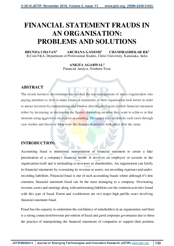 (PDF) Financial Statement Frauds in an Organisation: Problems and Solutions