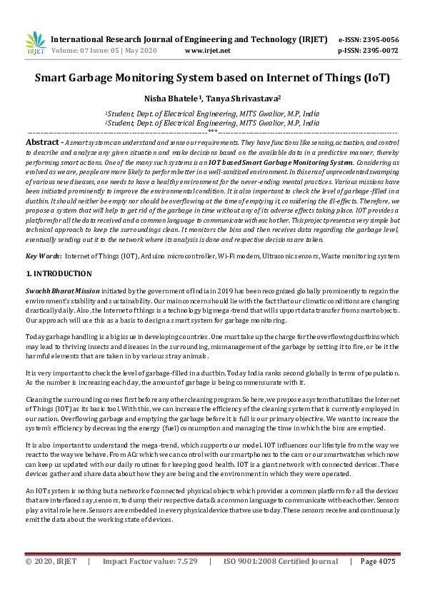 (PDF) Smart Garbage Monitoring System based on Internet of Things (IoT