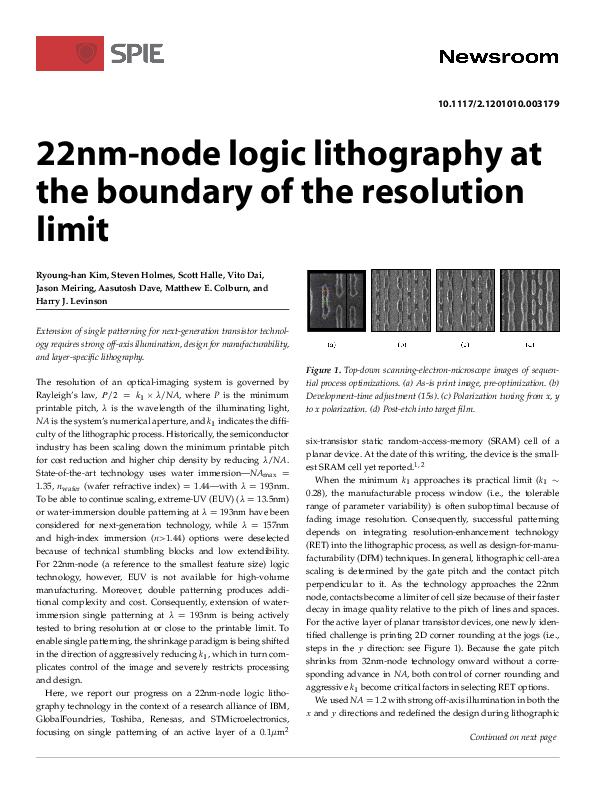 (PDF) 22NM-NODE Logic Lithography at the Boundary of the Resolution Limit