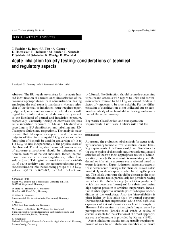 (PDF) Acute inhalation toxicity testing: considerations of technical ...