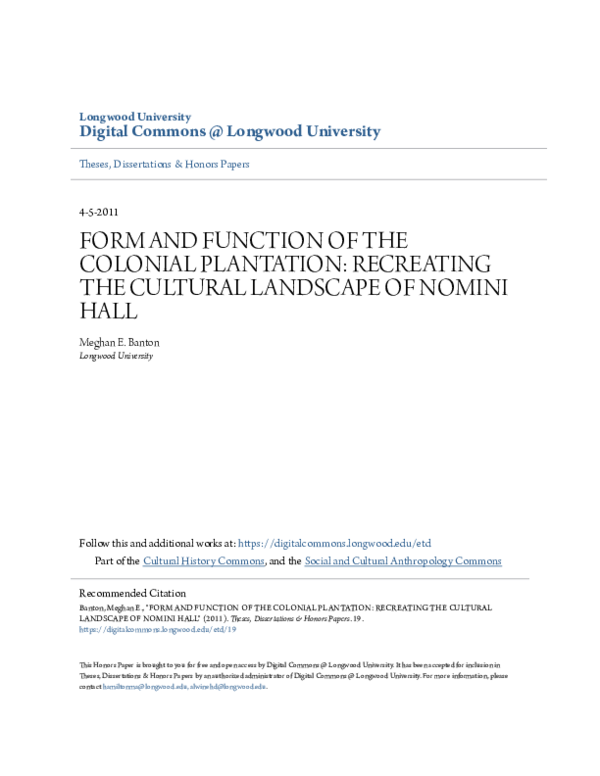 (PDF) Form and Function of the Colonial Plantation: Recreating the ...