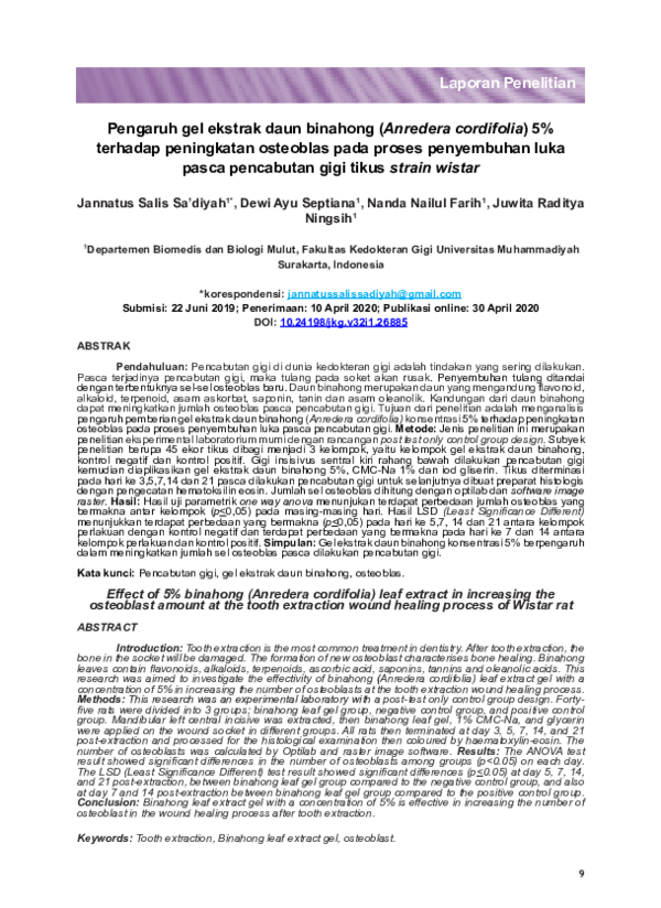 (PDF) Pengaruh gel ekstrak daun binahong (Anredera cordifolia) 5% ...