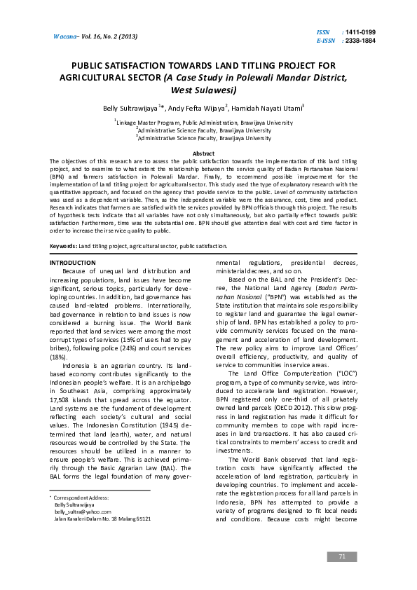 (PDF) Public Satisfaction towards Land Titling Project for Agricultural ...