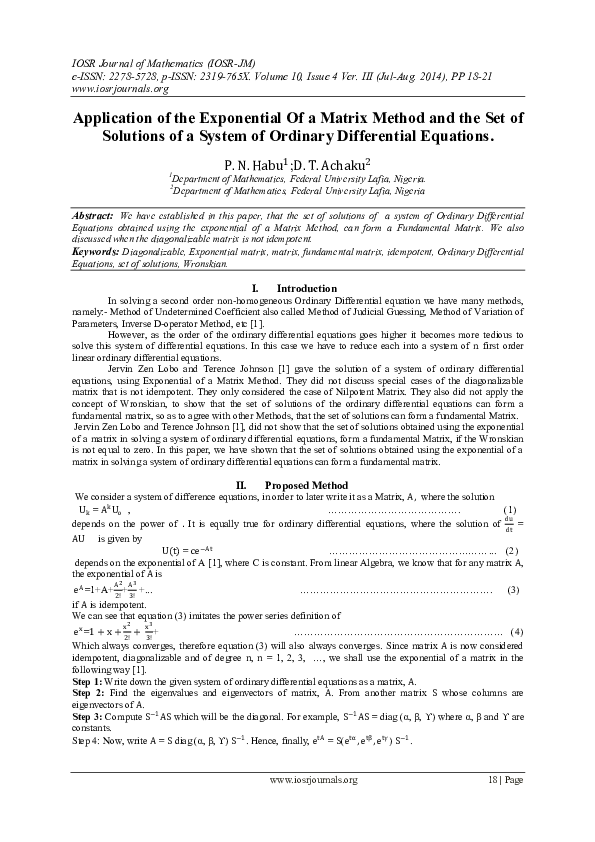 (PDF) Application of the Exponential Of a Matrix Method and the Set of ...