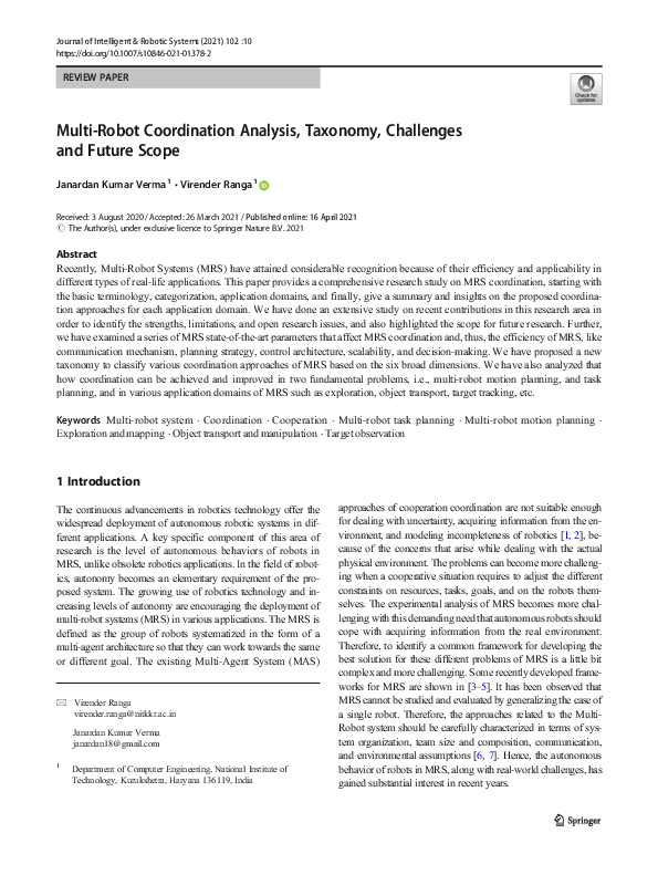(PDF) Multi-Robot Coordination Analysis, Taxonomy, Challenges and Future Scope