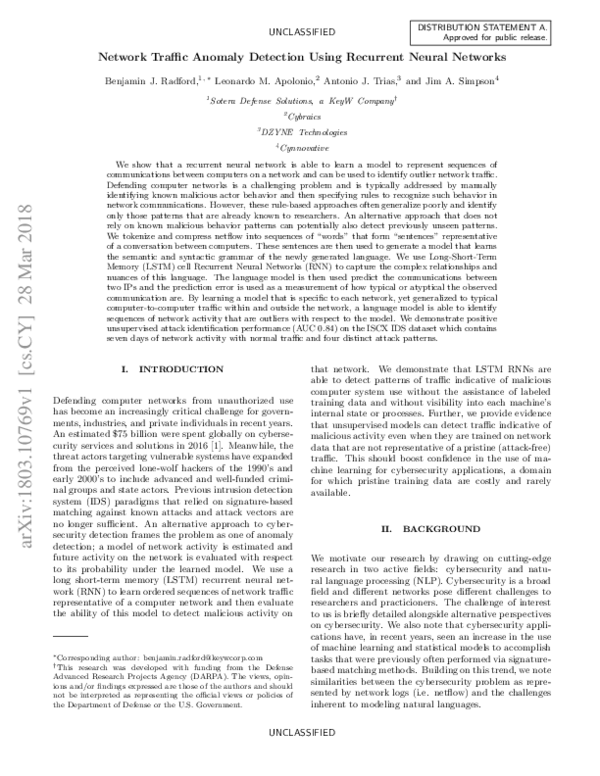 Pdf Network Traffic Anomaly Detection Using Recurrent Neural Networks