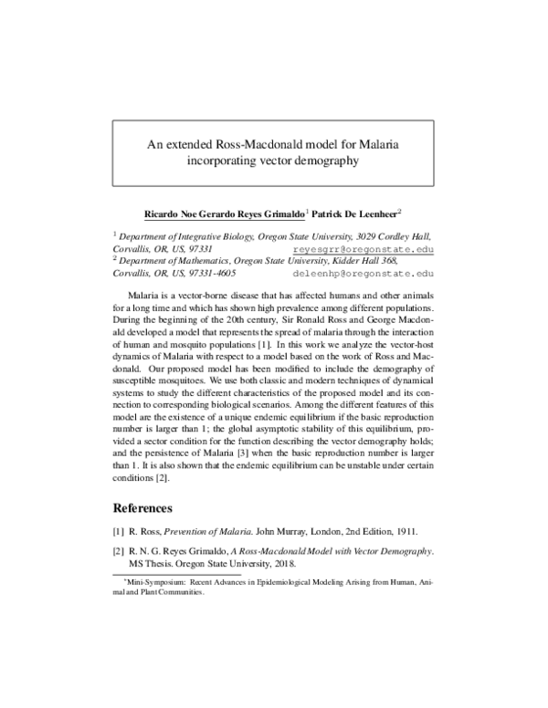 (PDF) An extended Ross-Macdonald model for Malaria incorporating vector ...