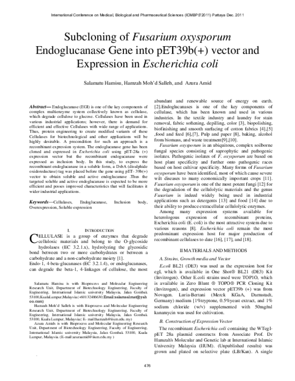 (PDF) Subcloning of Fusarium oxysporum Endoglucanase Gene into pET 39 b ...