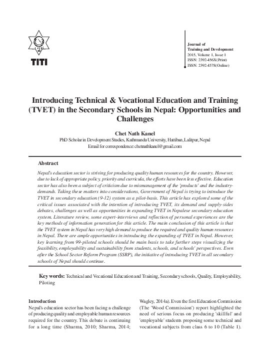 (PDF) Introducing Technical & Vocational Education and Training (TVET) in the Secondary Schools ...