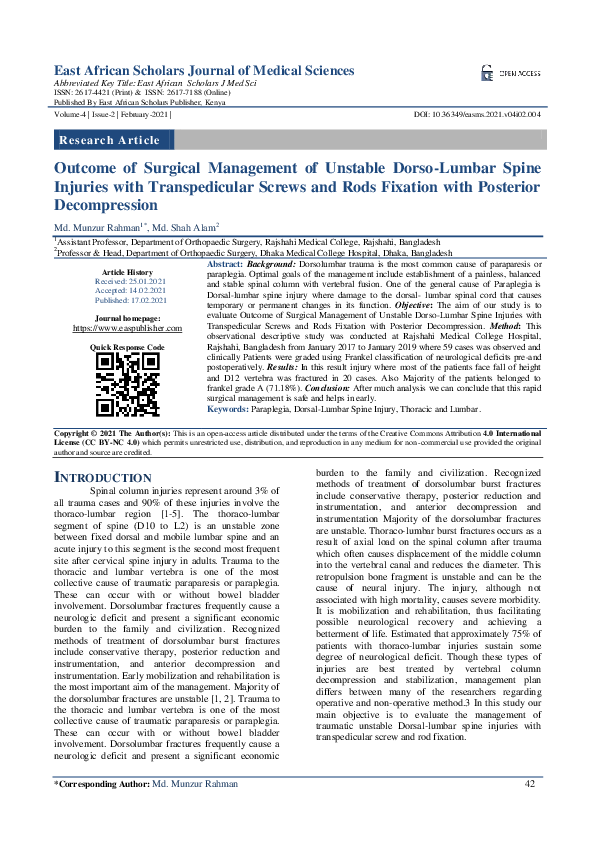(PDF) Outcome of Surgical Management of Unstable Dorso-Lumbar Spine ...
