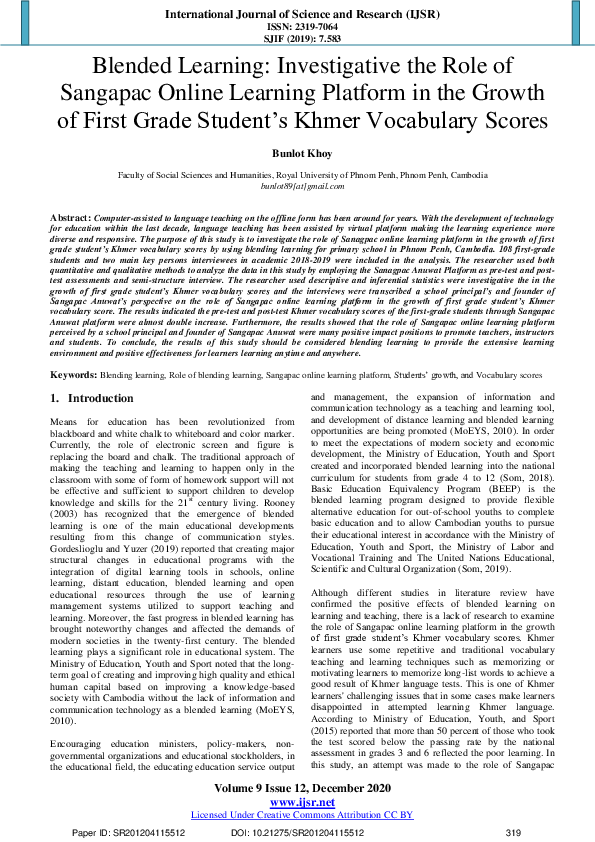 (PDF) Blended Learning: Investigative the Role of Sangapac Online ...