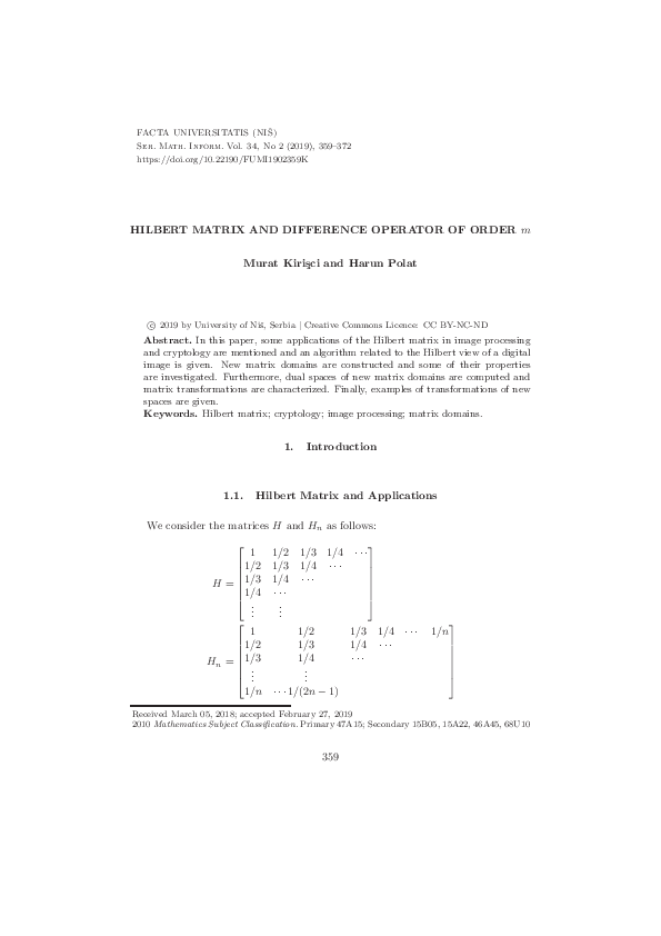 (PDF) HILBERT MATRIX AND DIFFERENCE OPERATOR OF ORDER m